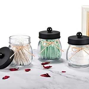 Farmhouse Rustic Decorative Mason Jars, Bathroom Vanity Storage Organizer Canisters,Cute Glass Apothecary Jars with Stainless Steel Lid for Cotton Swabs,Rounds,Balls,Floss Picks,4 Pack (Clear/Black)