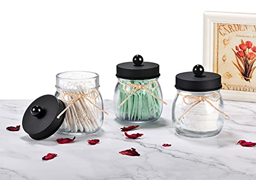 Farmhouse Rustic Decorative Mason Jars, Bathroom Vanity Storage Organizer Canisters,Cute Glass Apothecary Jars with Stainless Steel Lid for Cotton Swabs,Rounds,Balls,Floss Picks,4 Pack (Clear/Black)