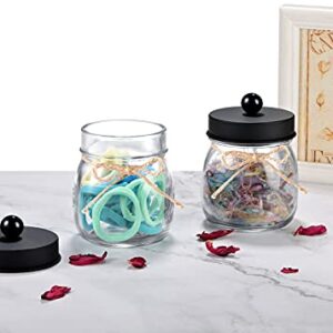 Farmhouse Rustic Decorative Mason Jars, Bathroom Vanity Storage Organizer Canisters,Cute Glass Apothecary Jars with Stainless Steel Lid for Cotton Swabs,Rounds,Balls,Floss Picks,4 Pack (Clear/Black)