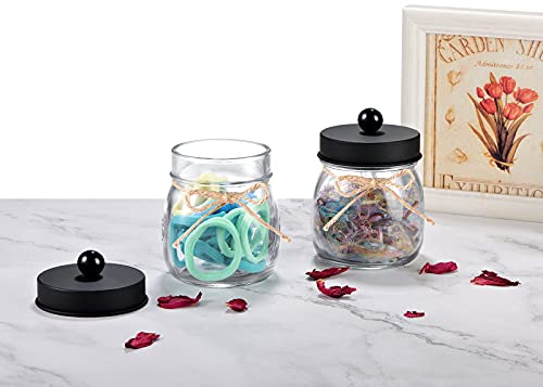 Farmhouse Rustic Decorative Mason Jars, Bathroom Vanity Storage Organizer Canisters,Cute Glass Apothecary Jars with Stainless Steel Lid for Cotton Swabs,Rounds,Balls,Floss Picks,4 Pack (Clear/Black)