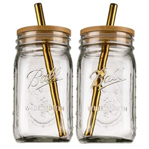 reusable boba bubble tea & smoothie cups - 2 glass wide mouth 32oz mason jars with bamboo lids - 2 reusable gold stainless steel boba straws