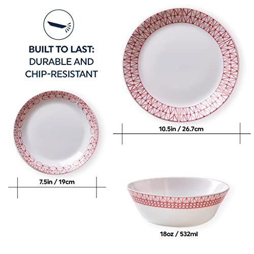 Corelle Everyday Expressions 12-Pc Dinnerware Set, Service for 4, Durable and Eco-Friendly, Higher Rim Glass Plate & Bowl Set, Microwave and Dishwasher Safe, Graphic Stitch