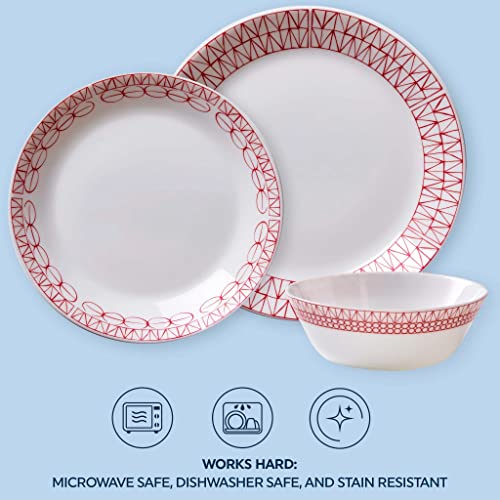 Corelle Everyday Expressions 12-Pc Dinnerware Set, Service for 4, Durable and Eco-Friendly, Higher Rim Glass Plate & Bowl Set, Microwave and Dishwasher Safe, Graphic Stitch