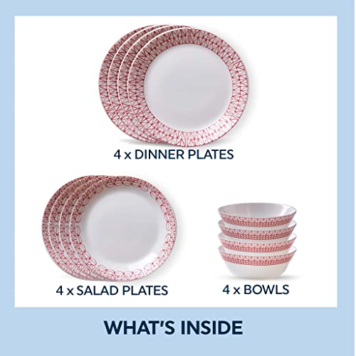 Corelle Everyday Expressions 12-Pc Dinnerware Set, Service for 4, Durable and Eco-Friendly, Higher Rim Glass Plate & Bowl Set, Microwave and Dishwasher Safe, Graphic Stitch