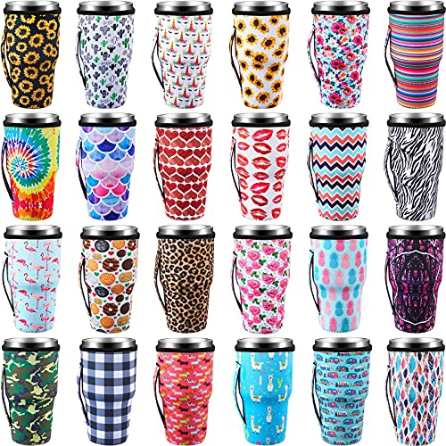 24 Pieces Iced Coffee Cup Sleeves Reusable Iced Coffee Cup Cover Neoprene Insulated Cup Sleeves Drinks Sleeve Holder for 30-32 oz Iced Coffee Cup Cold Hot Beverages Drinks, 24 Styles