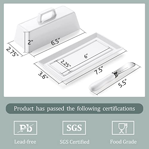 Yedio Porcelain Butter Dish Set with Lid and Knife，Butter Holder with Handle, Perfect for East and West Coast Butter, Dishwasher Safe, White