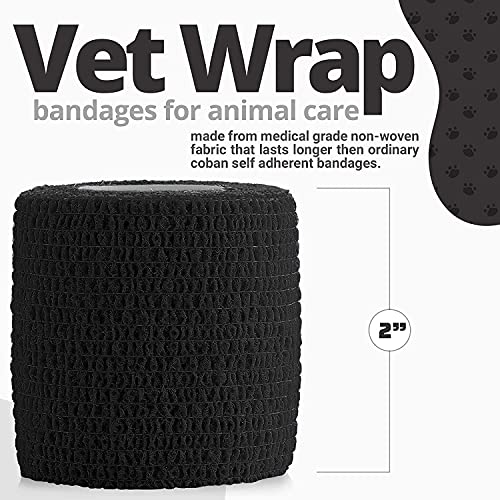 Vet Wrap - (Pack of 12-2 inch x 5 Yard Rolls) Self Adherent Wrap Cohesive Compression Bandage and Medical Gauze Bandage Roll Tape for Dogs, Cats, Horses, Black