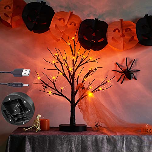 LITBLOOM Lighted Spooky Halloween Tree with Timer Battery Operated or USB Plug in, Pre-lit Black Glittered Tabletop Tree with Orange Lights 24L 18IN for Halloween Home Party Decoration Indoor