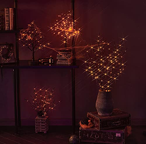 LITBLOOM Lighted Spooky Halloween Tree with Timer Battery Operated or USB Plug in, Pre-lit Black Glittered Tabletop Tree with Orange Lights 24L 18IN for Halloween Home Party Decoration Indoor