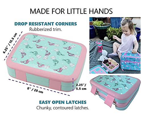 kinsho Bento Lunch Box and Matching Lunch Bag with Ice Pack Set for Girls, Toddlers (Pink Aqua Mermaid Cats)