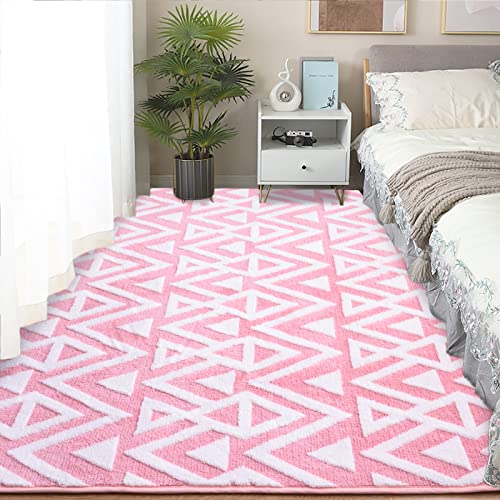 Ompaa Ultra Soft Shaggy Rugs Memory Foam Bedroom Carpet, Pink 4 x 6 Feet, Plush Geometric Textured Area Rugs for Living Room Couch Dorm Bedside Kids Girls Teens Room Nursery Decor Floor Mat