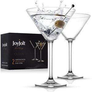 joyjolt olivia crystal martini glasses - premium glassware set made in europe - 9.2 oz tall martini glasses - elegant cocktail glasses - set of 2 martini glass for drinks such as martini or manhattan