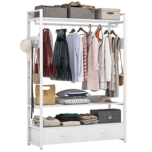 Tribesigns Freestanding Clothes Rack Shelves, Closet Organizer with Shelves Drawers and Hooks, Heavy Duty Garment Clothing Wardrobe Storage Shelving with Hanging Rod (White)