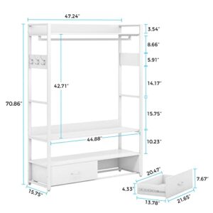 Tribesigns Freestanding Clothes Rack Shelves, Closet Organizer with Shelves Drawers and Hooks, Heavy Duty Garment Clothing Wardrobe Storage Shelving with Hanging Rod (White)