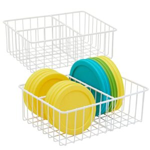 2 pack white wire baskets for kitchen, 3 compartment bin for cabinet shelves, drawers (10 x 8 x 3.7 in)