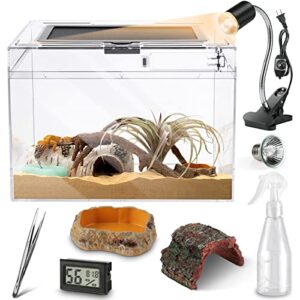 reptile pc glass terrarium - amphibians tank starter kits, acrylic anti breakage 12x9x7 inch, top sliding door screen ventilation mini habitat cages, hygrometer, hide cave, vines, tweezer, sprayer