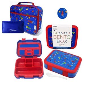 kinsho Bento Lunch Box and Matching Lunch Bag with Ice Pack Set for Kids, Toddlers (Blue Red Rockets)