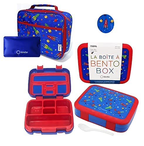 kinsho Bento Lunch Box and Matching Lunch Bag with Ice Pack Set for Kids, Toddlers (Blue Red Rockets)