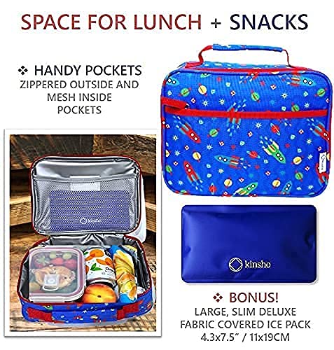 kinsho Bento Lunch Box and Matching Lunch Bag with Ice Pack Set for Kids, Toddlers (Blue Red Rockets)