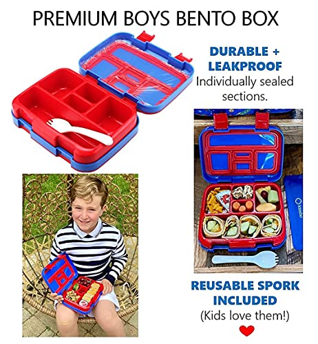 kinsho Bento Lunch Box and Matching Lunch Bag with Ice Pack Set for Kids, Toddlers (Blue Red Rockets)