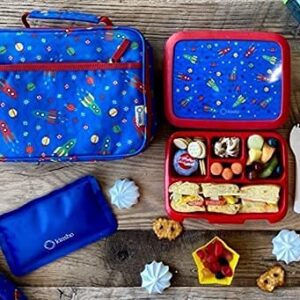 kinsho Bento Lunch Box and Matching Lunch Bag with Ice Pack Set for Kids, Toddlers (Blue Red Rockets)