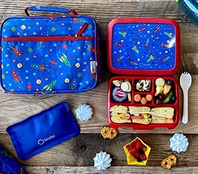 kinsho Bento Lunch Box and Matching Lunch Bag with Ice Pack Set for Kids, Toddlers (Blue Red Rockets)