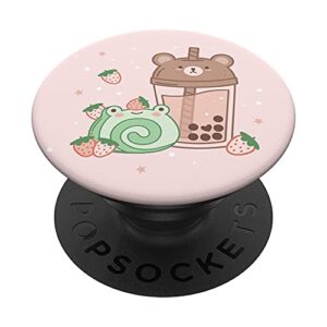 boba tea bear & strawberry cake frog cute kawaii aesthetic popsockets swappable popgrip