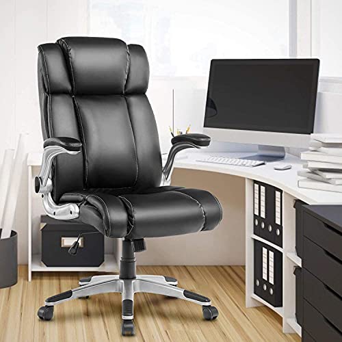 KCREAM Office Chair,Adjustable Computer Chair PU Leather Swivel Task Chair Flip-up Armrests Ergonomic Desk Chair with Thick Padded Lumbar Support (9139-black)