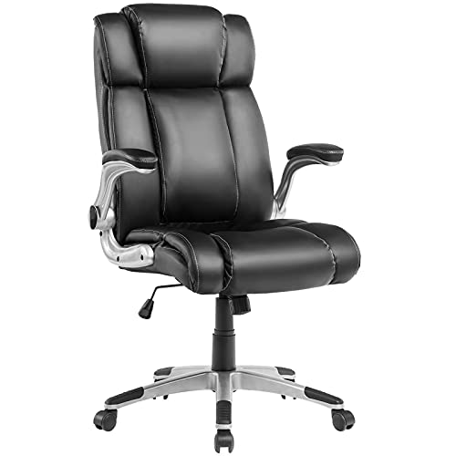 KCREAM Office Chair,Adjustable Computer Chair PU Leather Swivel Task Chair Flip-up Armrests Ergonomic Desk Chair with Thick Padded Lumbar Support (9139-black)