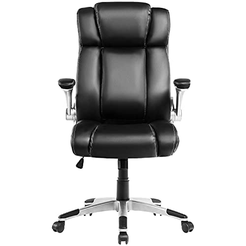 KCREAM Office Chair,Adjustable Computer Chair PU Leather Swivel Task Chair Flip-up Armrests Ergonomic Desk Chair with Thick Padded Lumbar Support (9139-black)