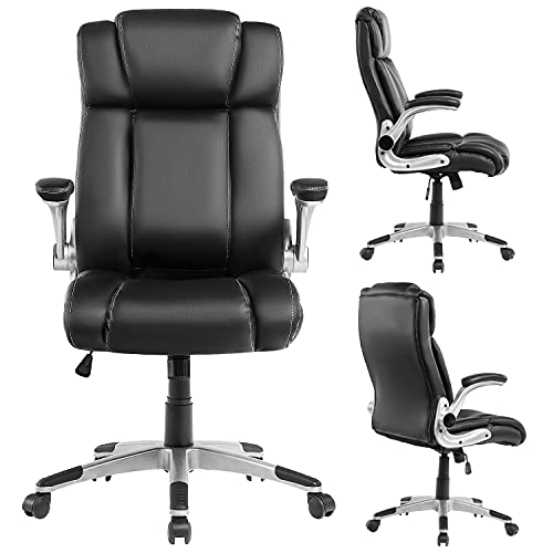 KCREAM Office Chair,Adjustable Computer Chair PU Leather Swivel Task Chair Flip-up Armrests Ergonomic Desk Chair with Thick Padded Lumbar Support (9139-black)