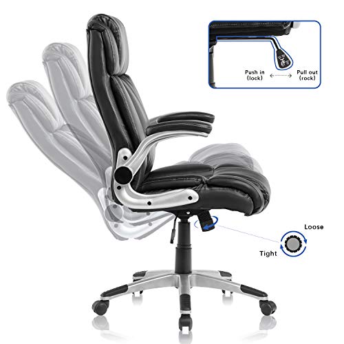 KCREAM Office Chair,Adjustable Computer Chair PU Leather Swivel Task Chair Flip-up Armrests Ergonomic Desk Chair with Thick Padded Lumbar Support (9139-black)