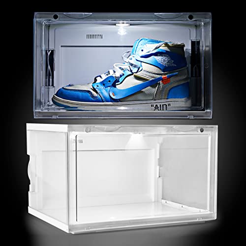 STAHMFOVER 2-Pack LED Sneakers Boxes-Voice Control,Stackable Clear Shoe Display Cases-Easy Access,Plastic Collection Storage Containers with Lids, Magnetic Open Shoe Organizer (WHITE)