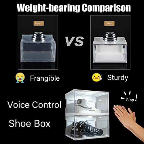 STAHMFOVER 2-Pack LED Sneakers Boxes-Voice Control,Stackable Clear Shoe Display Cases-Easy Access,Plastic Collection Storage Containers with Lids, Magnetic Open Shoe Organizer (WHITE)