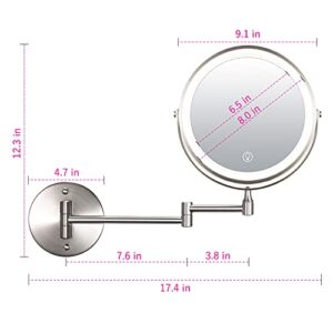 Wall Mounted Lighted Makeup Mirror 8 Inch 1X 10X Magnification with 3 Color LED Lights, Rechargeable Dimmable Magnifying Vanity Mirror, Extendable Arm 360° Swivel Bathroom Mirror, Brushed Nickel