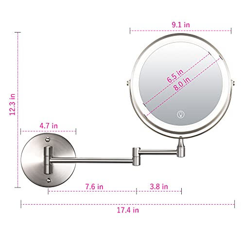 Wall Mounted Lighted Makeup Mirror 8 Inch 1X 10X Magnification with 3 Color LED Lights, Rechargeable Dimmable Magnifying Vanity Mirror, Extendable Arm 360° Swivel Bathroom Mirror, Brushed Nickel