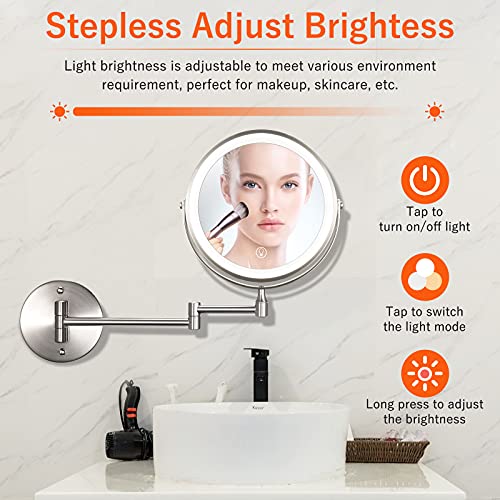 Wall Mounted Lighted Makeup Mirror 8 Inch 1X 10X Magnification with 3 Color LED Lights, Rechargeable Dimmable Magnifying Vanity Mirror, Extendable Arm 360° Swivel Bathroom Mirror, Brushed Nickel