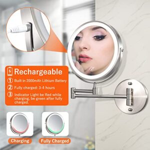 Wall Mounted Lighted Makeup Mirror 8 Inch 1X 10X Magnification with 3 Color LED Lights, Rechargeable Dimmable Magnifying Vanity Mirror, Extendable Arm 360° Swivel Bathroom Mirror, Brushed Nickel