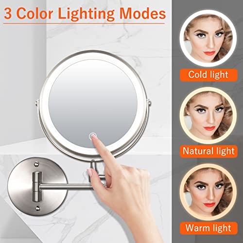 Wall Mounted Lighted Makeup Mirror 8 Inch 1X 10X Magnification with 3 Color LED Lights, Rechargeable Dimmable Magnifying Vanity Mirror, Extendable Arm 360° Swivel Bathroom Mirror, Brushed Nickel