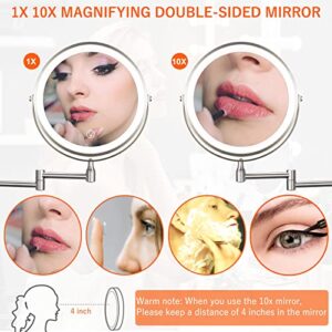 Wall Mounted Lighted Makeup Mirror 8 Inch 1X 10X Magnification with 3 Color LED Lights, Rechargeable Dimmable Magnifying Vanity Mirror, Extendable Arm 360° Swivel Bathroom Mirror, Brushed Nickel