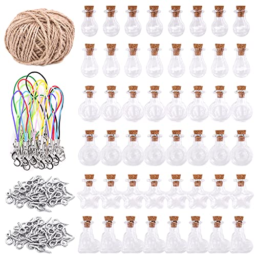 Tanstic 119Pcs 6 Shapes Glass Jars Bottles with Cork Stoppers Set, 48Pcs Wish Bottles Glass Favor Jars with 50Pcs Eye Screws, Lobster Claw Clasps and 30 Yards Twine for Wedding Party DIY Decoration