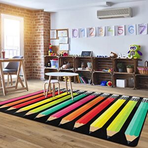 Flagship Carpets Schoolgirl Style Stylish Black & White Brights Pencil Classroom Area Rug for Indoor Classroom Learning or Kid Bedroom Educational Play Mat, 7'6" x 12', Multi