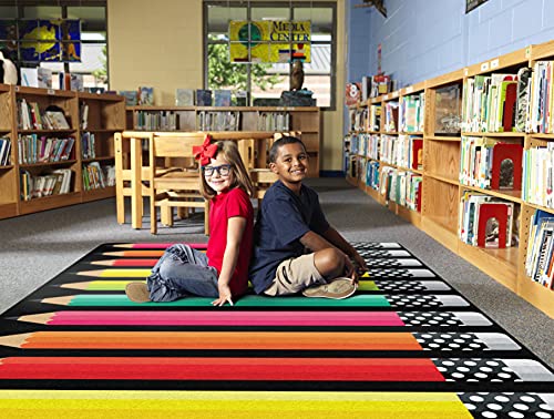 Flagship Carpets Schoolgirl Style Stylish Black & White Brights Pencil Classroom Area Rug for Indoor Classroom Learning or Kid Bedroom Educational Play Mat, 7'6" x 12', Multi