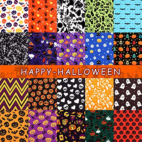 20 Pieces 10 x 10 Inch Halloween Fabric Quilting Bat Pumpkin Skull Print Patchwork Squares Craft Bundle Mixed Pattern Fabric Halloween Theme Decorative Fabric for DIY Halloween Decor (Chic Style)