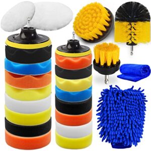 Jaronx 27PCS Car Polishing Pad Kit, 10pcs 4" and 10pcs 3" Car Foam Buffing Pads, Car Polisher Kit Car Drill Polishing Kit with Car Detailing Drill Brushes, Car Washing Mitt, Car Cleaning Towel