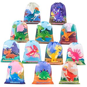 mocoosy 12 pack dinosaur party favor drawstring bags - dinosaur party bags for kids birthday, dino goodie candy treat gift bags for boys girls dino backpack bags for dinosaur themed birthday party baby shower supplies