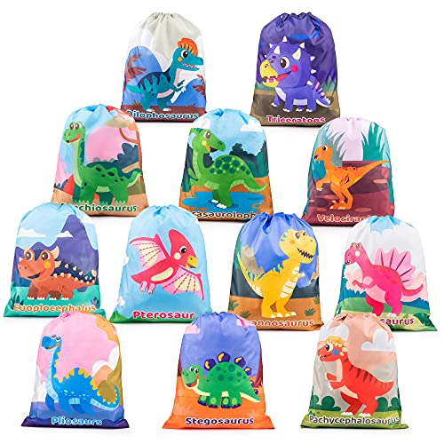 Mocoosy 12 Pack Dinosaur Party Favor Drawstring Bags - Dinosaur Party Bags for Kids Birthday, Dino Goodie Candy Treat Gift Bags for Boys Girls Dino Backpack Bags for Dinosaur Themed Birthday Party Baby Shower Supplies