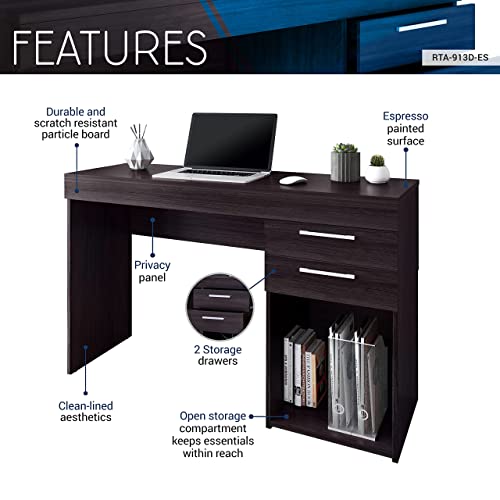 Techni Mobili Brown Computer Home Office or Bedroom Storage & Drawers Ideal for Small Spaces, Espresso Writing Desk, 16.10" D x 47.5" W x 30.25" H