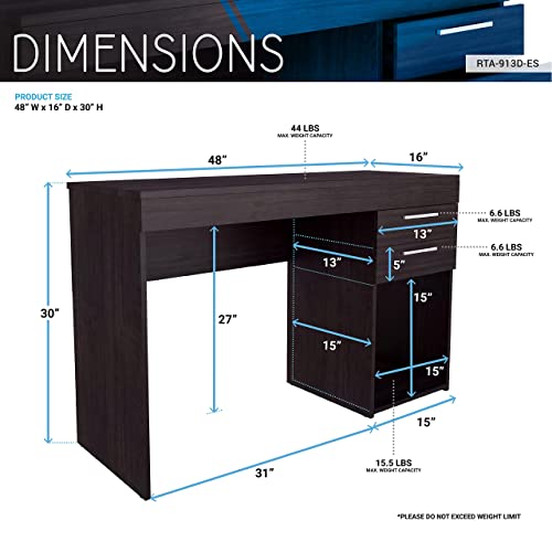 Techni Mobili Brown Computer Home Office or Bedroom Storage & Drawers Ideal for Small Spaces, Espresso Writing Desk, 16.10" D x 47.5" W x 30.25" H