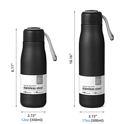 Dusgut Water Bottles with Portable Lid, BPA Free, Hydro Insulated Thermal Flask for Hot or Cold Drinks 350ml Stainless Steel Metal Reusable Water Bottle for Kids, Adults, Midnight Black